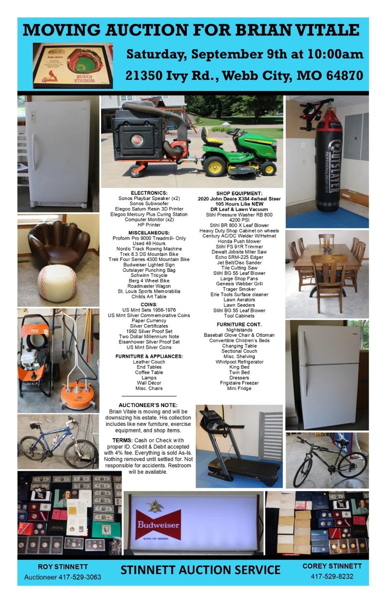 Moving Auction for Brian Vitale in Webb City, MO starts on 9/9/2023