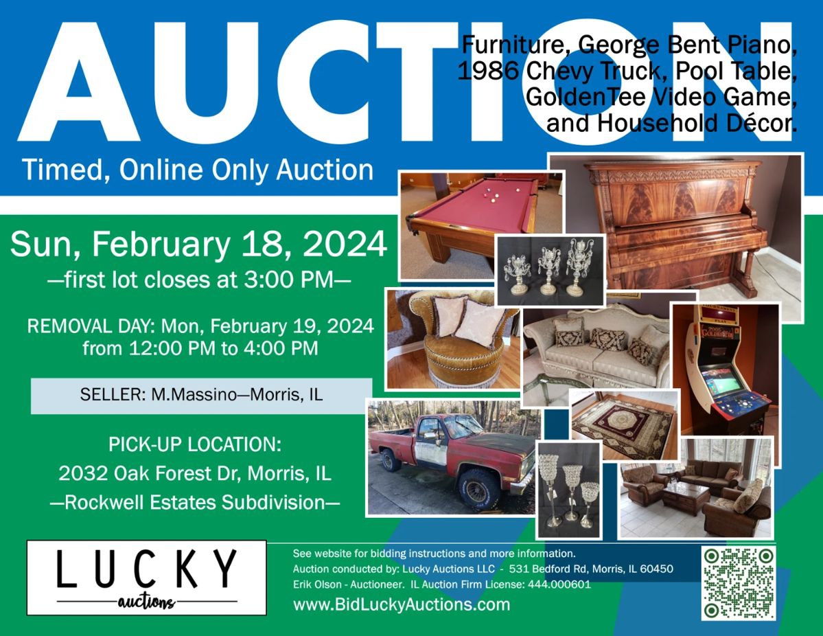 Furniture, George Bent Piano, '86 Chevy K10... starts on 2/3/2024
