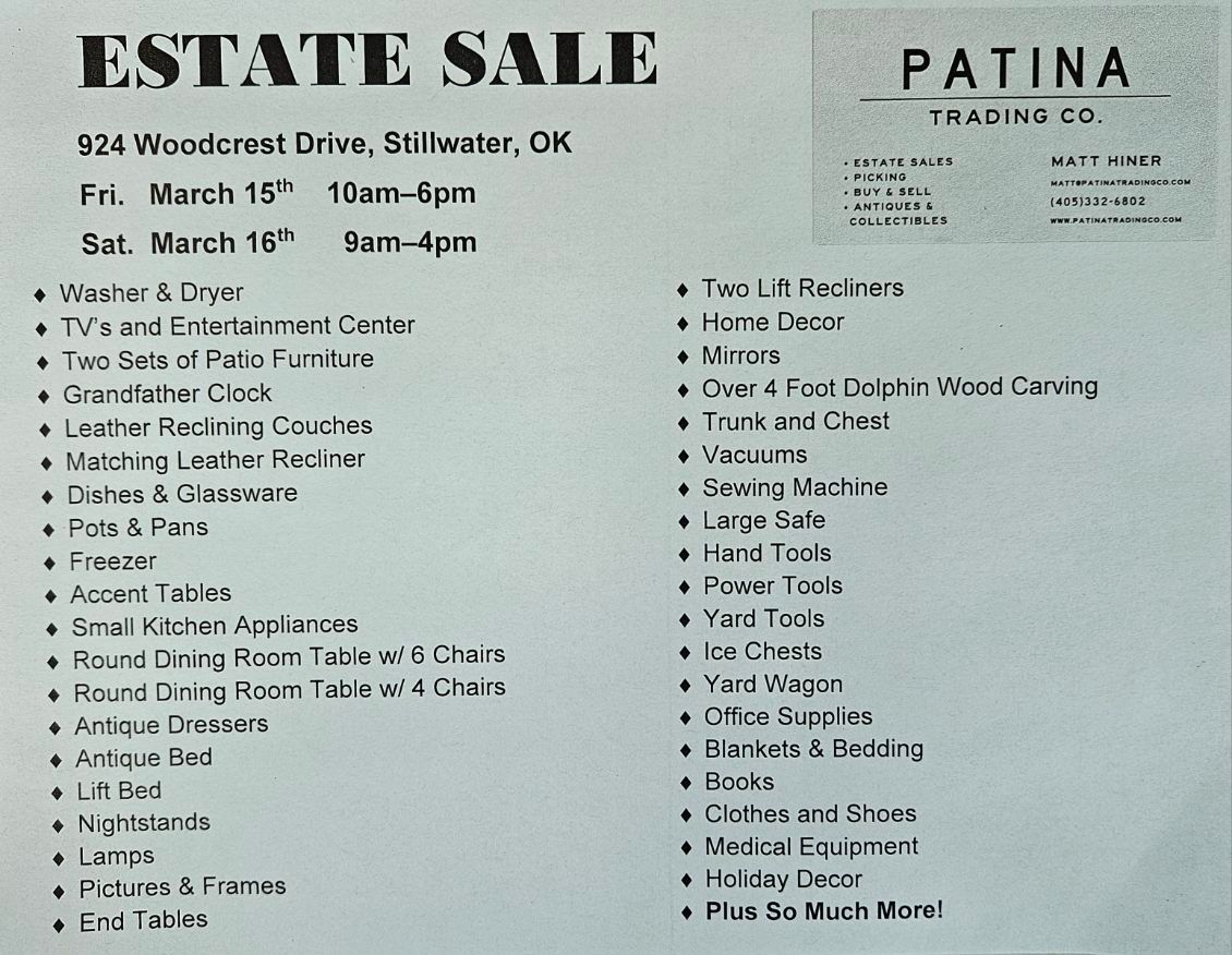 ESTATE SALE | STILLWATER in Stillwater, OK starts on 3/15/2024 ESTATE SALE | STILLWATER in Stillwater, OK starts on 3/15/2024