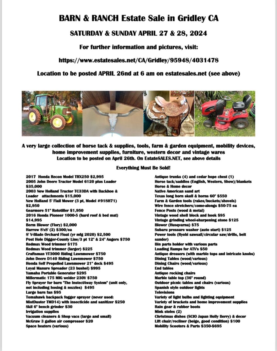 Barn Estate Sale with Horse Tack/Tractors/ATV's/Fa... starts on 4/27/2024