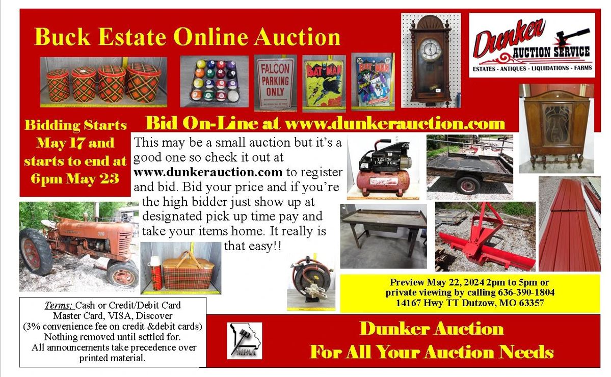 Buck Estate Online Auction in Marthasville, MO starts on 5/17/2024