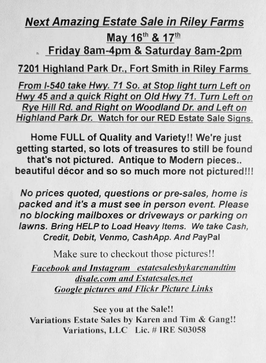 Estate Sale in Fort Smith in Riley Farms starts on 5/16/2025