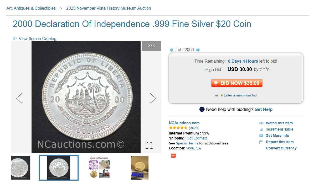 2025 November Vista History Museum Auction starts on 11/24/2025