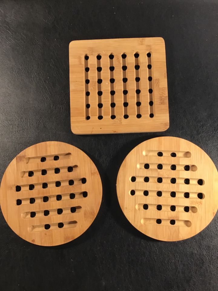K24 Set Of Three Bamboo Trivets ~ Two 8 3/4” Round & One 7 3/4” Square ...