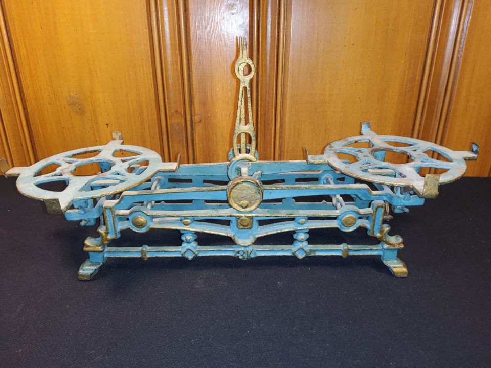 F69 Antique Cast Iron Balance Scale 3K Teal Blue & Gold Trim ~ 8 Tall ...