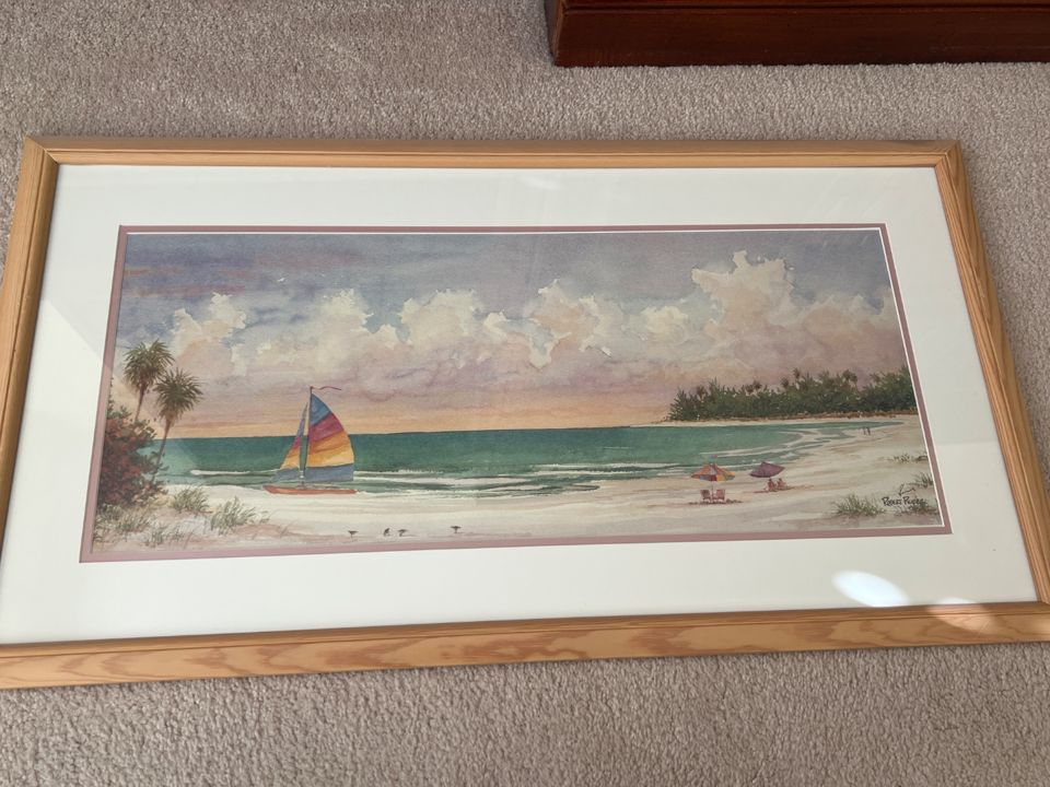 Watercolor Art Print Framed Signed Robert Reiber Florida Beach Scene ...