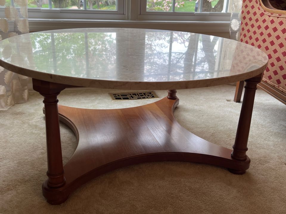 Stunning marble top coffee table With wood pedestals and base bidding ...