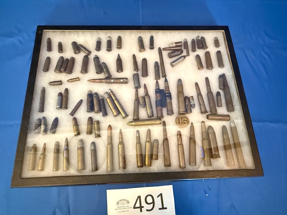 491 Collection of Brass Casing Bullets in Display Case bidding ends 3/ ...