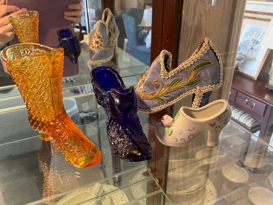 Group of Decorative Shoes – includes two glass shoes, one fabric shoe ...
